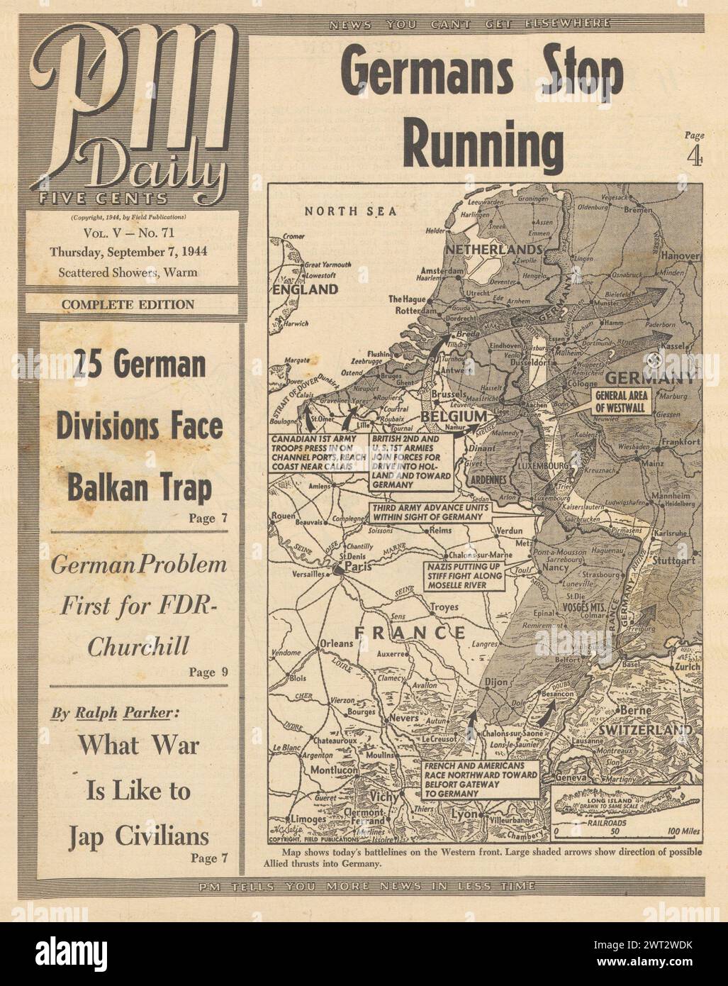 1944 PM Daily front page reporting Germany Army stop retreat in West ...