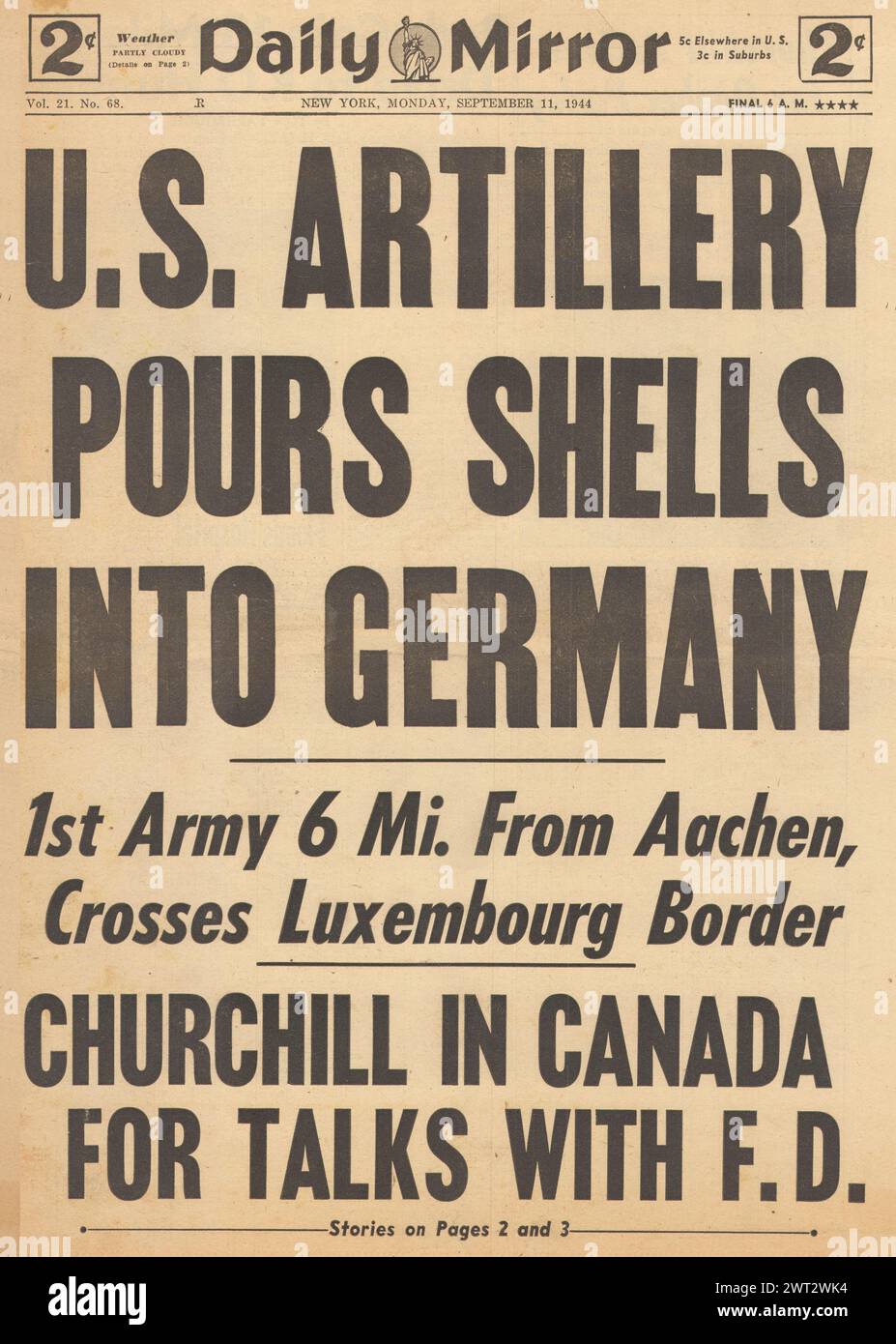 1944 Daily Mirror front page reporting US Artillery shell Germany and ...