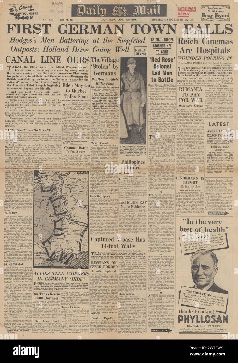 1944 Daily Mail front page reporting Allies capture Roetgen Stock Photo ...