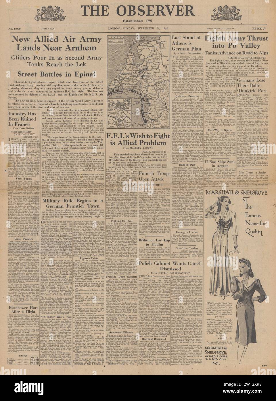 1944 The Observer front page reporting Battle of Arnhem, street battle ...