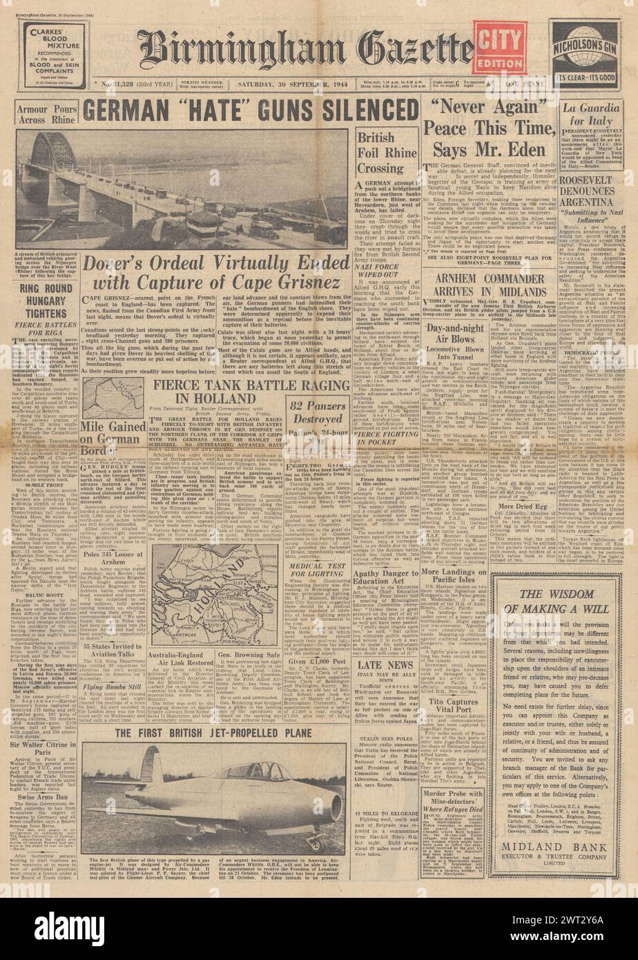 1944 Birmingham Gazette front page reporting Battle for Holland ...