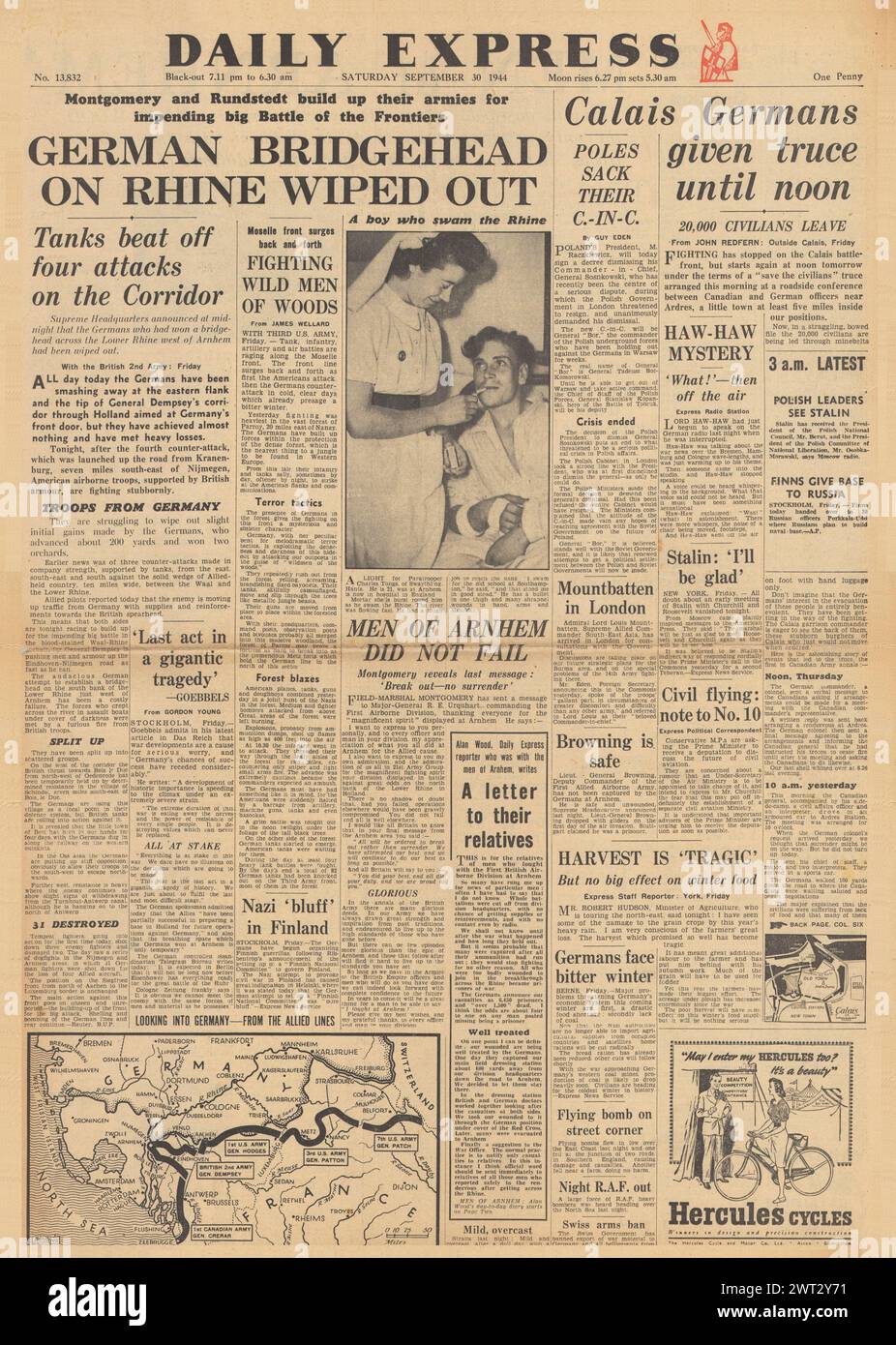 1944 Daily Express front page reporting Battle for Holland, Bor ...
