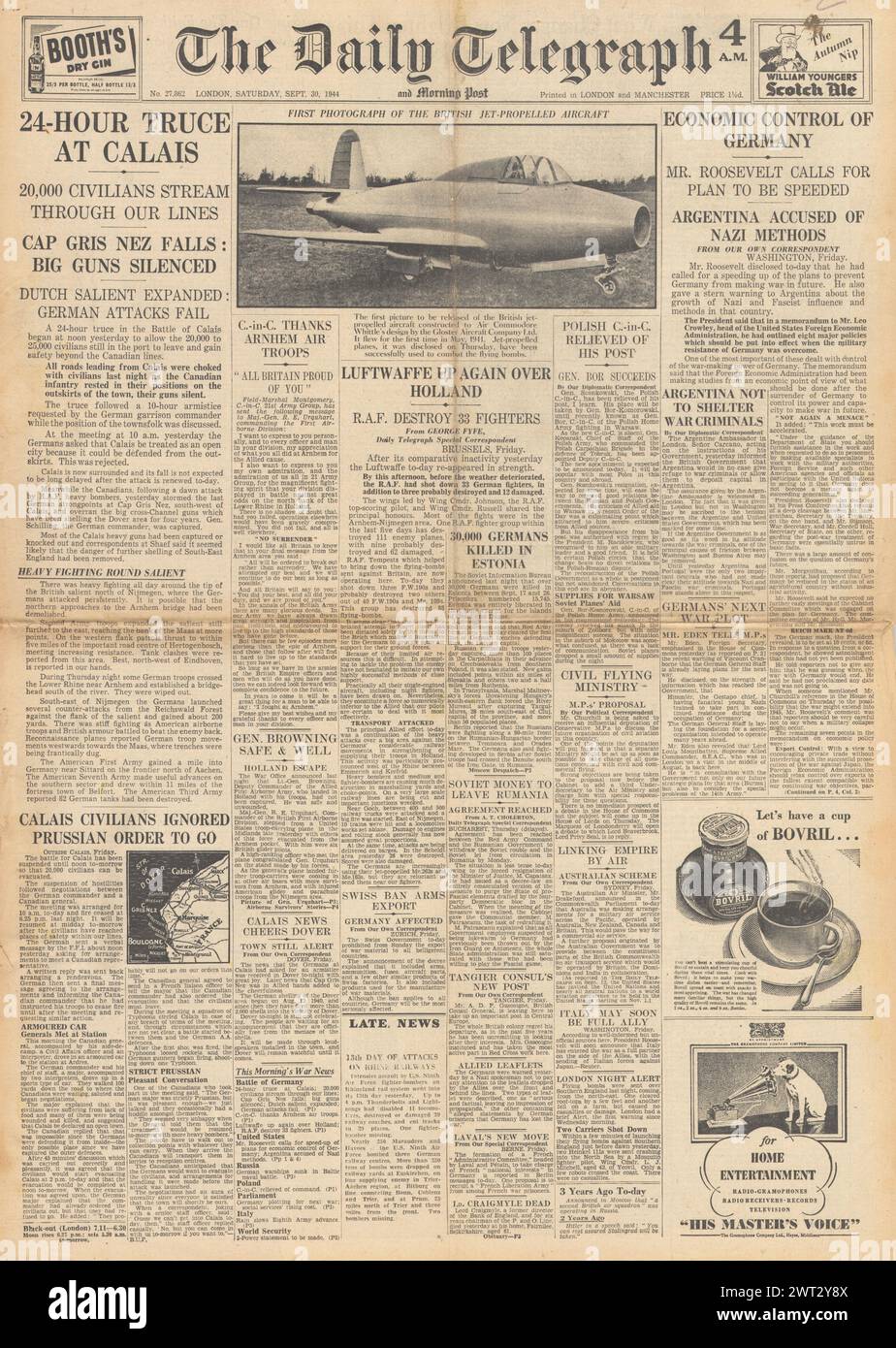 1944 The Daily Telegraph front page reporting Battle for Calais, Battle ...