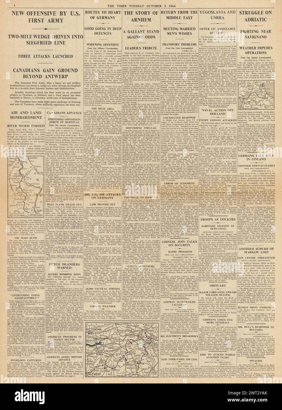 1944 The Times reporting US forces through Siegfried Line, Battle of ...