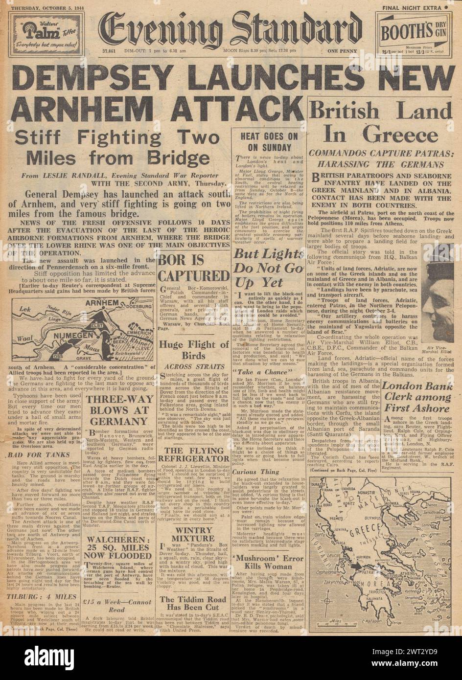 1944 Evening Standard front page reporting Battle for Arnhem, British ...
