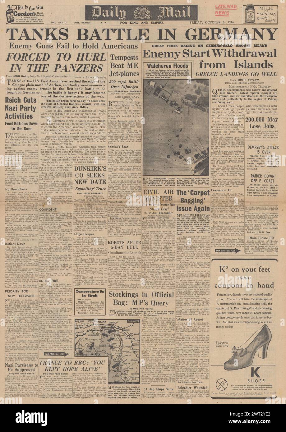 1944 Daily Mail front page reporting Battle of Siegfried Line, tank ...