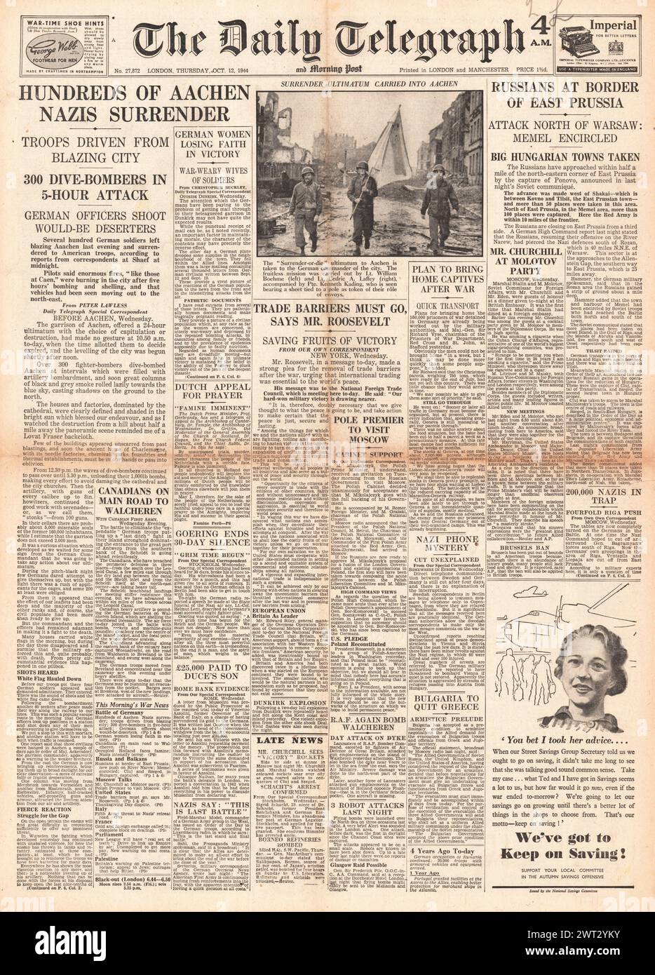 1944 The Daily Telegraph front page reporting Battle of Aachen and Red ...