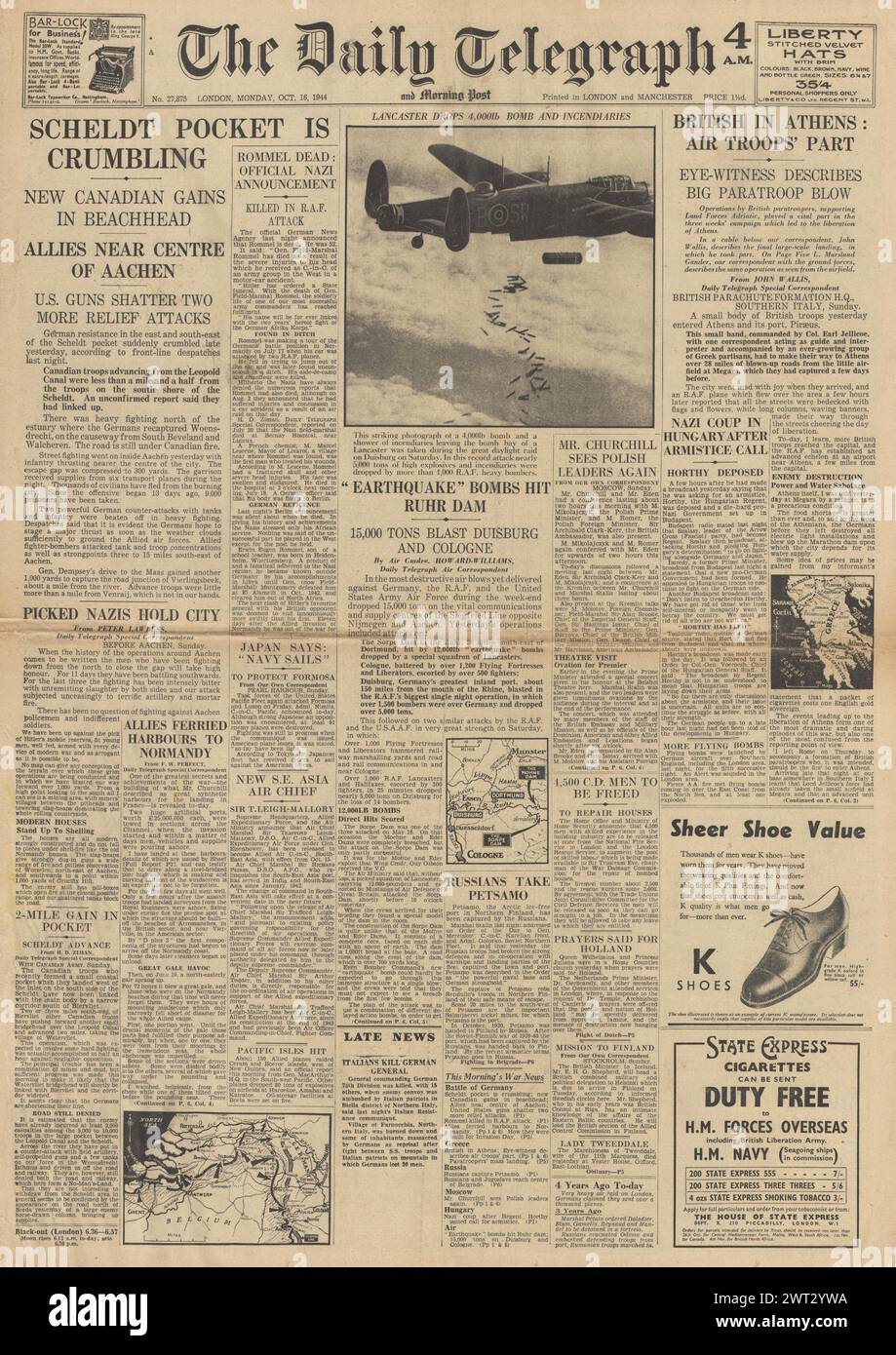 1944 The Daily Telegraph front page reporting British Army in Athens ...