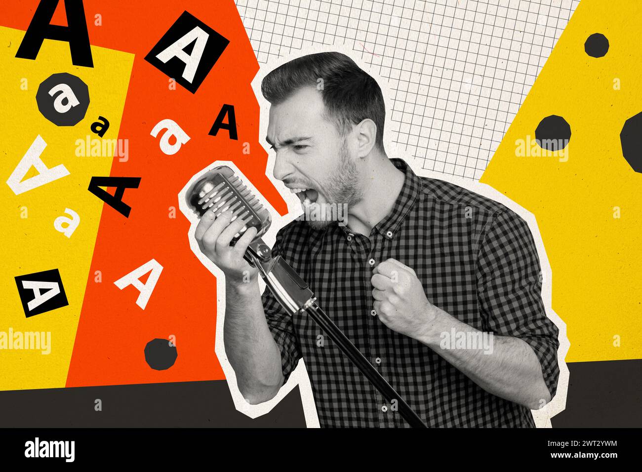 Creative composite photo collage of expressive man singer scream in ...