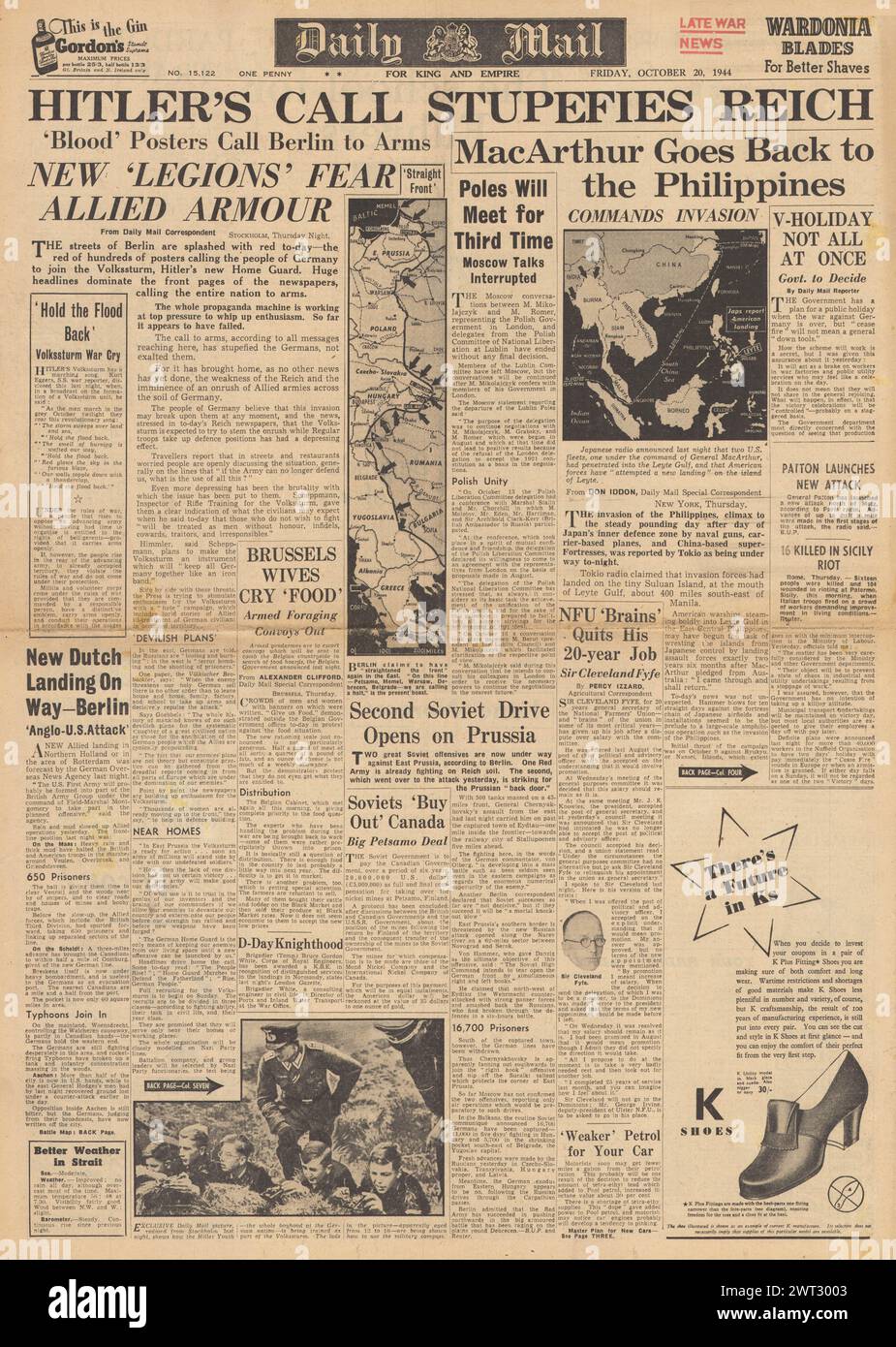 1944 Daily Mail front page reporting MacArthur returns to Philippines ...