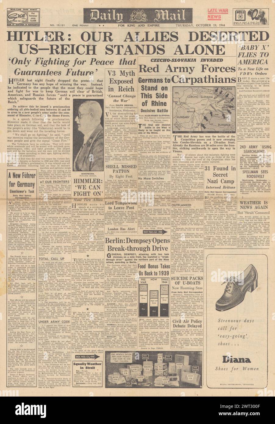 1944 Daily Mail front page reporting Hitler says Germany stands alone ...