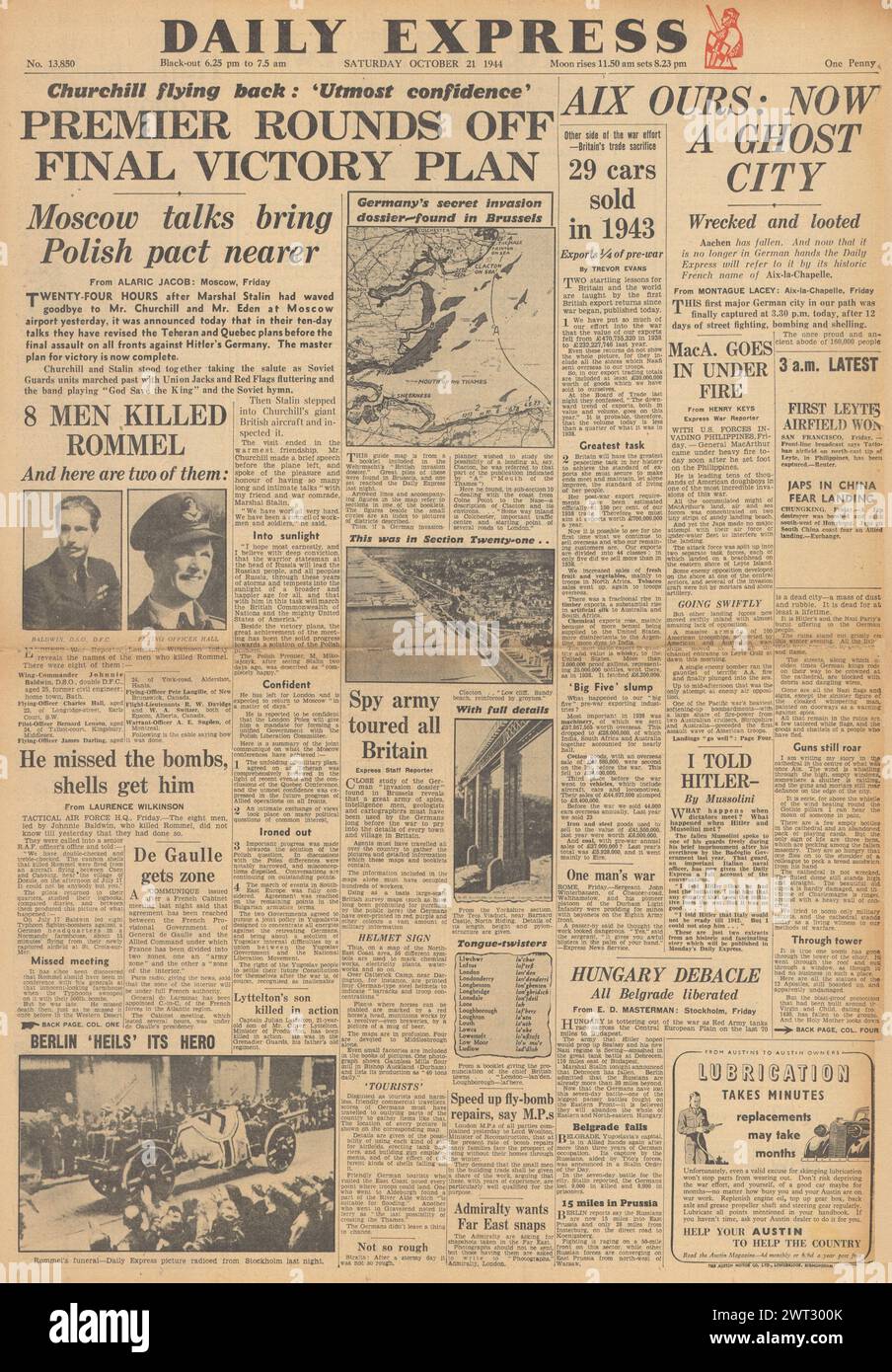 1944 Daily Express front page reporting Allies capture Aachen and Aix ...