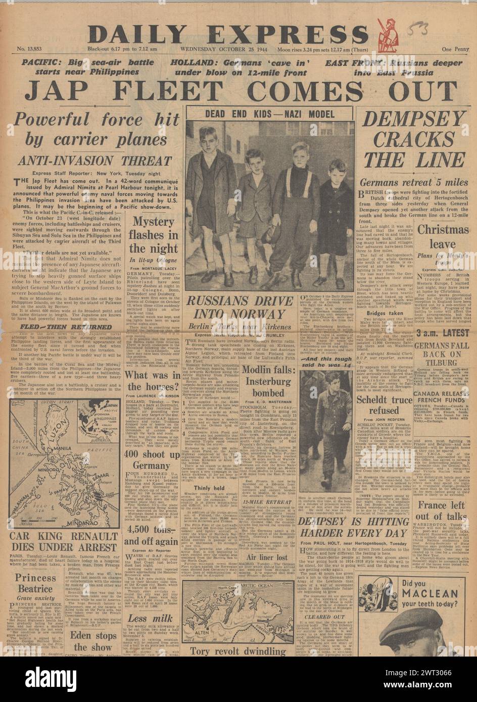 1944 Daily Express front page reporting British forces advance in ...