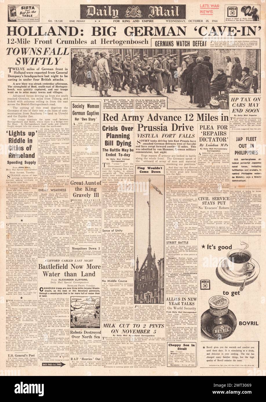 1944 Daily Mail front page reporting British forces capture ...