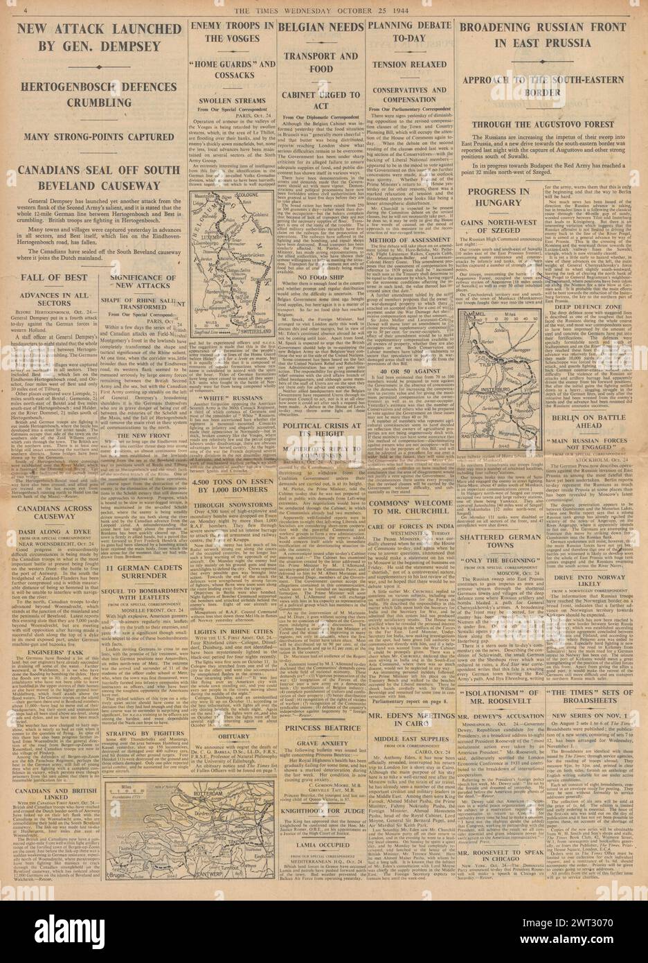 1944 The Times reporting British capture Hertogenbosch, Battle of Leyte ...