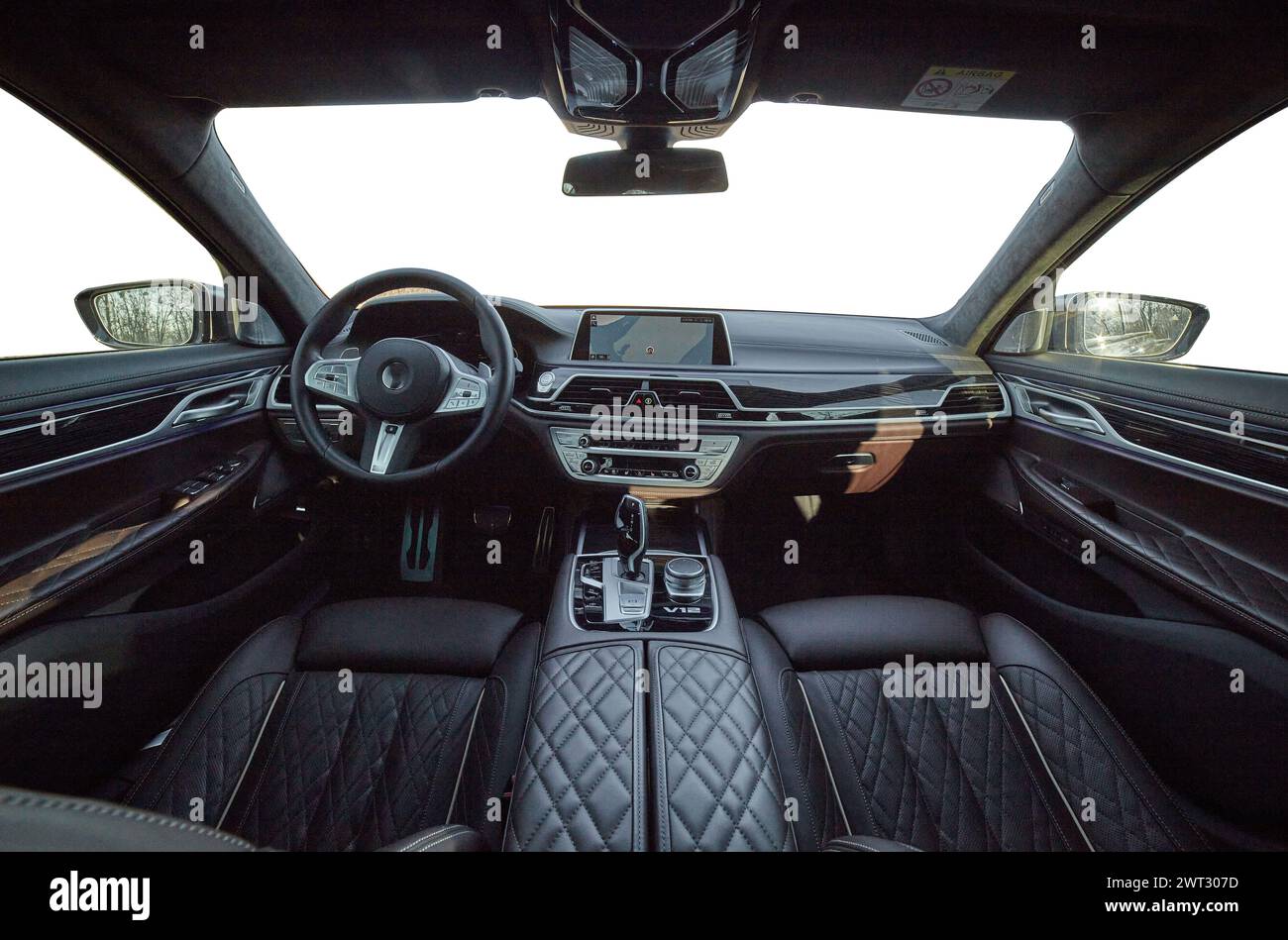 Inside moden car background, luxury car interior with blank white ...