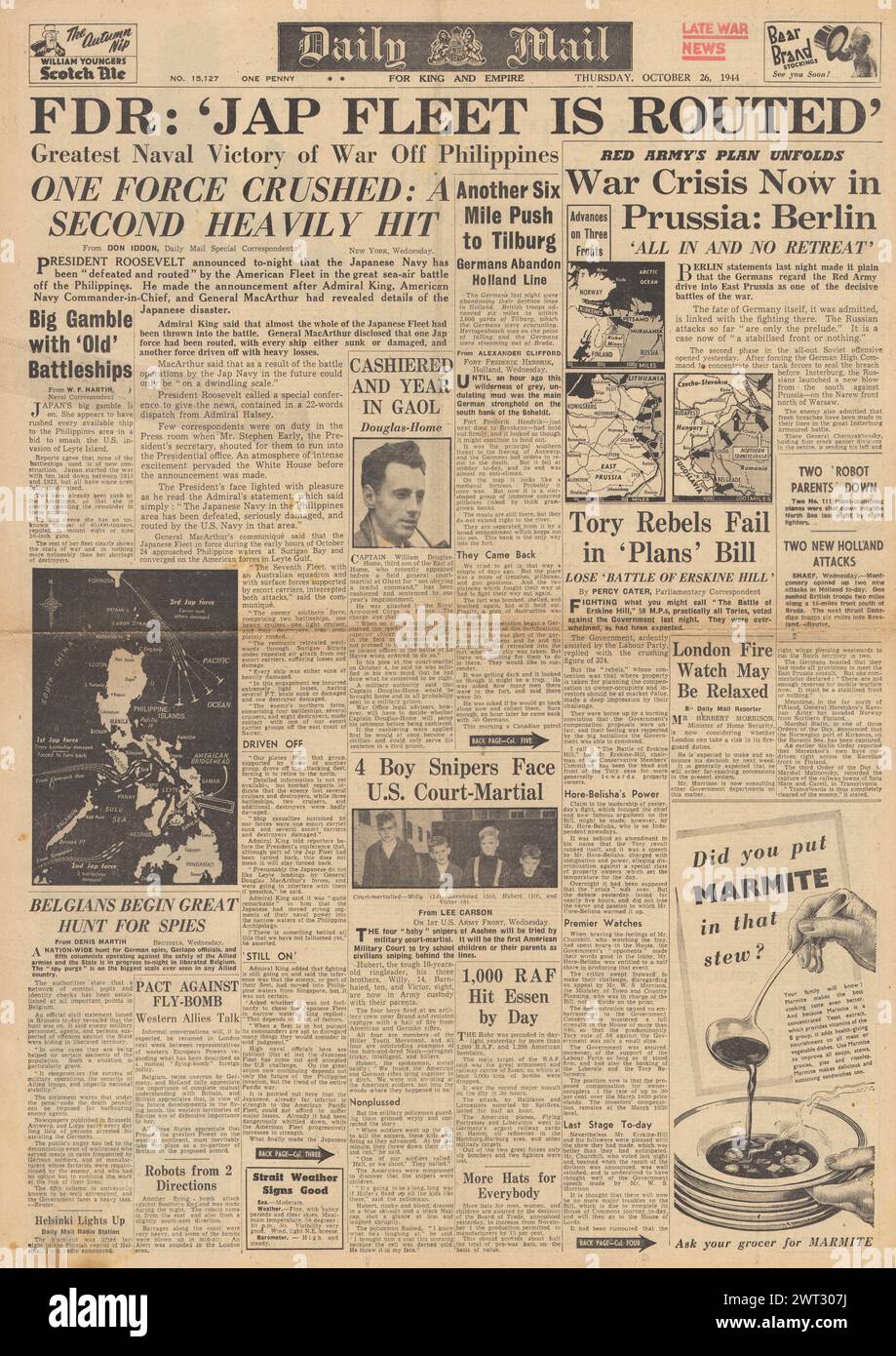 1944 Daily Mail front page reporting Battle of Leyte Gulf, RAF bomb ...