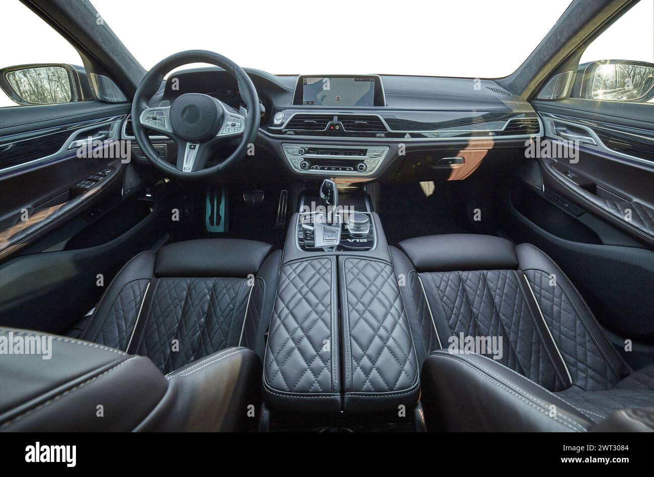 Inside moden car background, luxury car interior with blank white ...