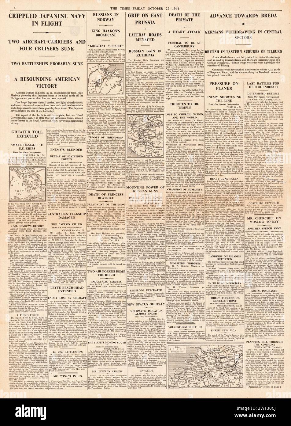 1944 The Times reporting Battle of Leyte Gulf, British Army advance on ...