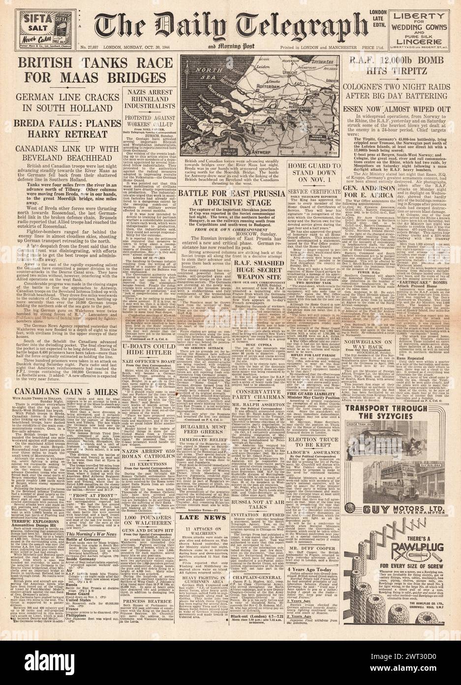 1944 The Daily Telegraph front page reporting Allies capture Breda ...