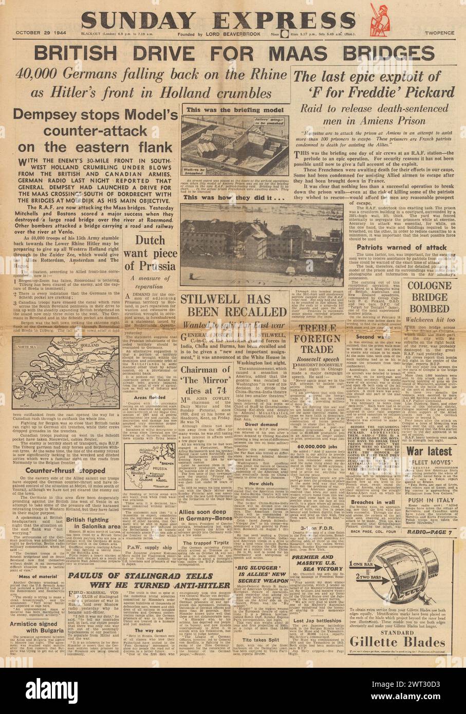 1944 Sunday Express front page reporting British Army drive on Maas ...
