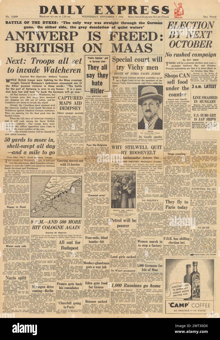 1944 Daily Express front page reporting British Army on the River Maas ...