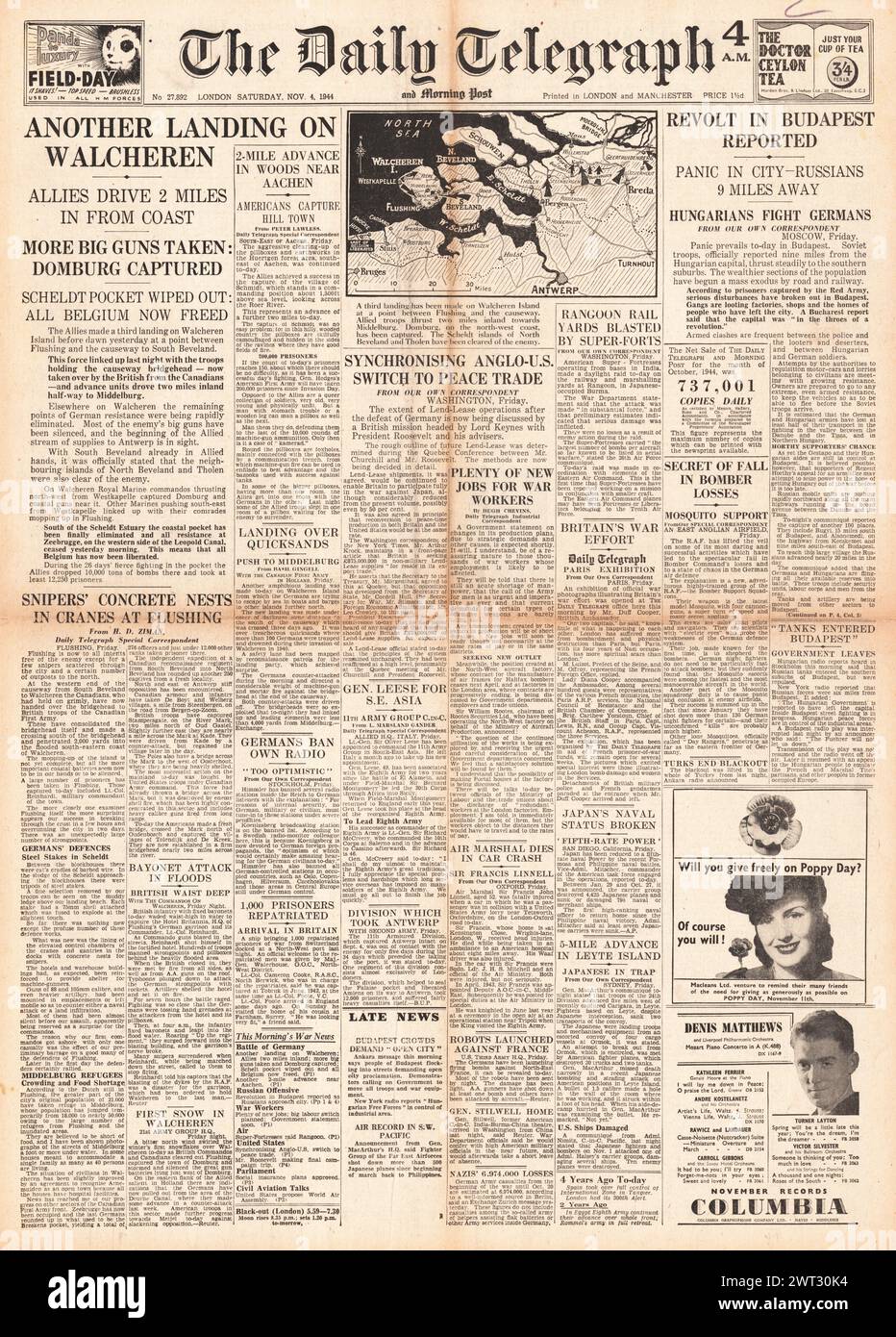 1944 The Daily Telegraph front page reporting Battle for Walcheren ...