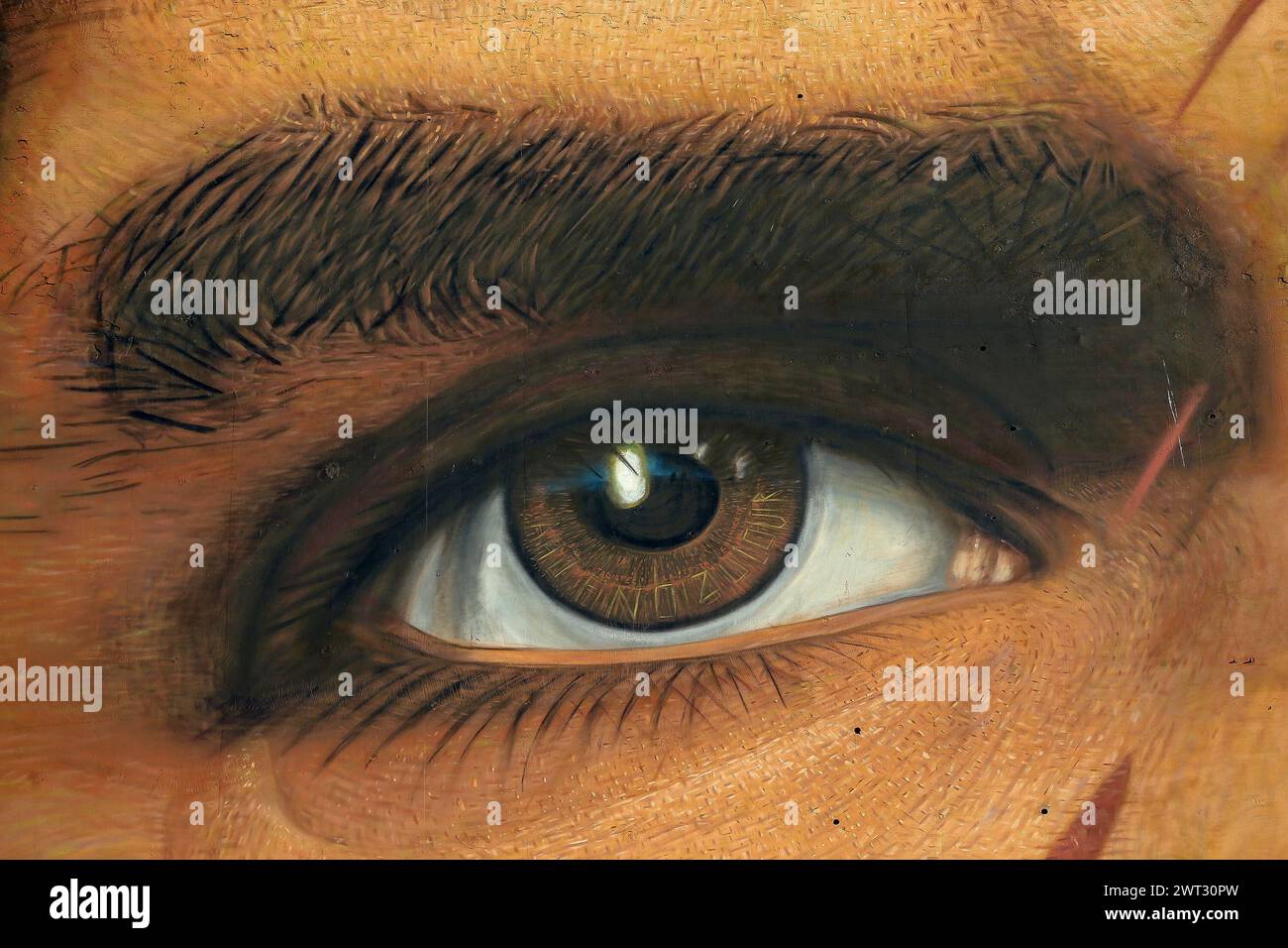 A detail view of the eye of one of the two murals, with an inscription ...