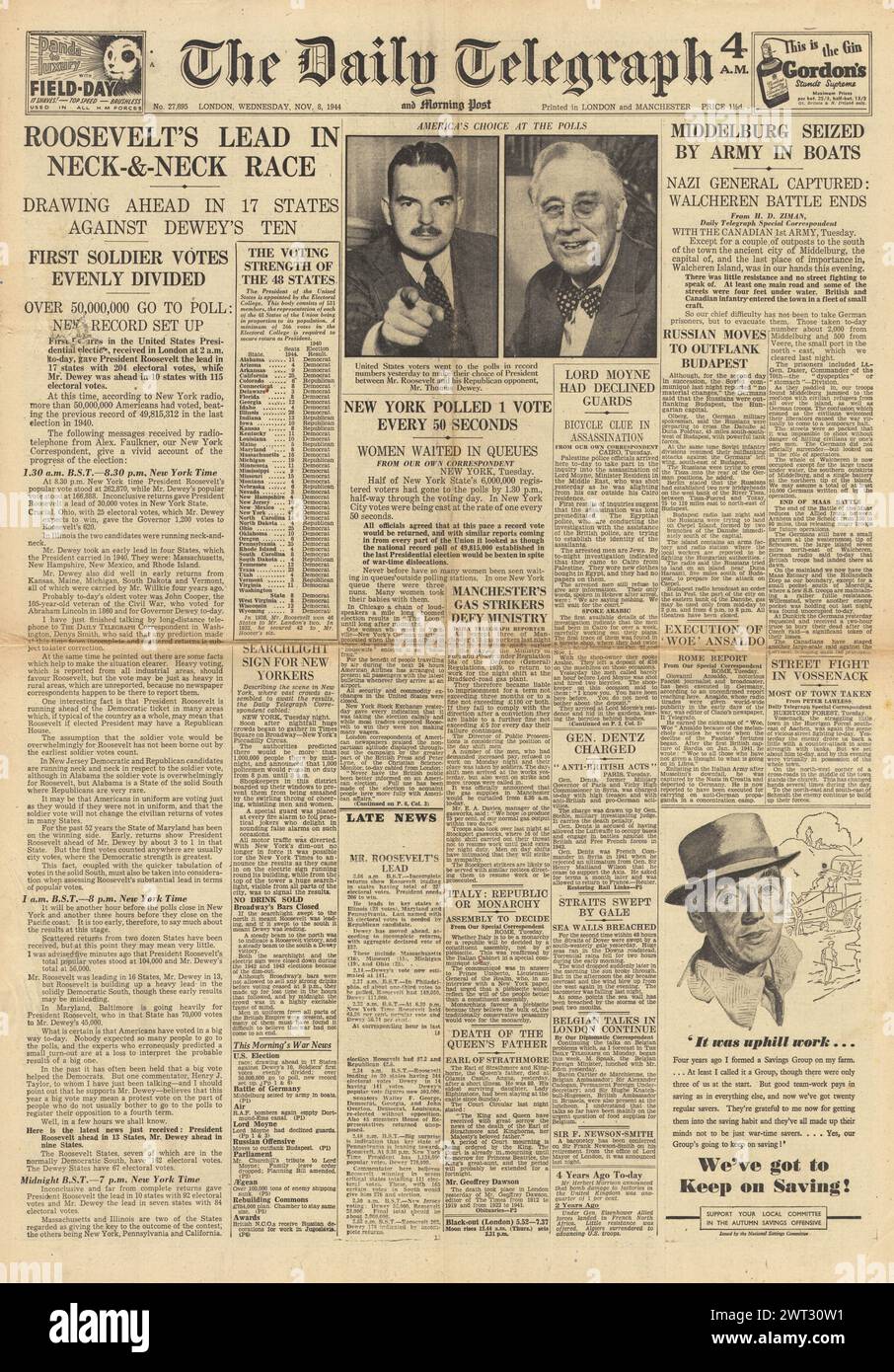 1944 The Daily Telegraph front page reporting USA Presidential election ...