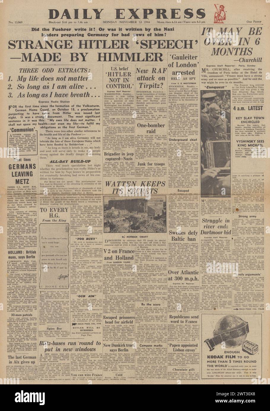 1944 Daily Express front page reporting Speech by Heinrich Himmler ...