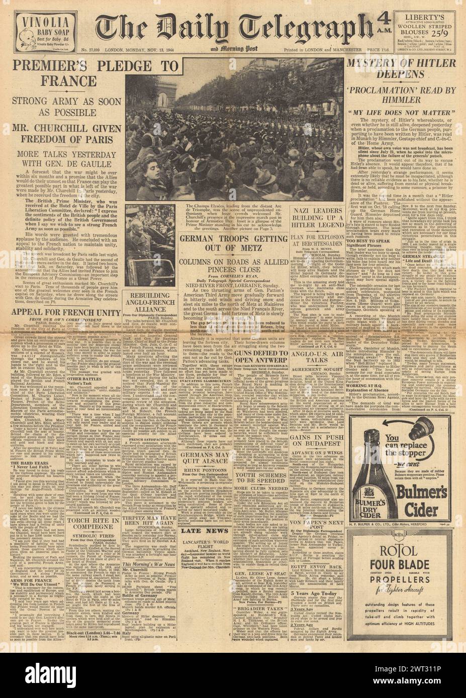 1944 The Daily Telegraph front page reporting Winston Churchill in ...
