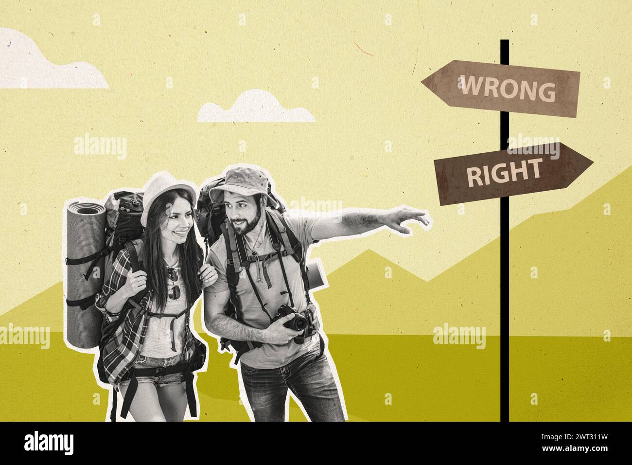 Creative collage young couple man showing road signboard direction ...