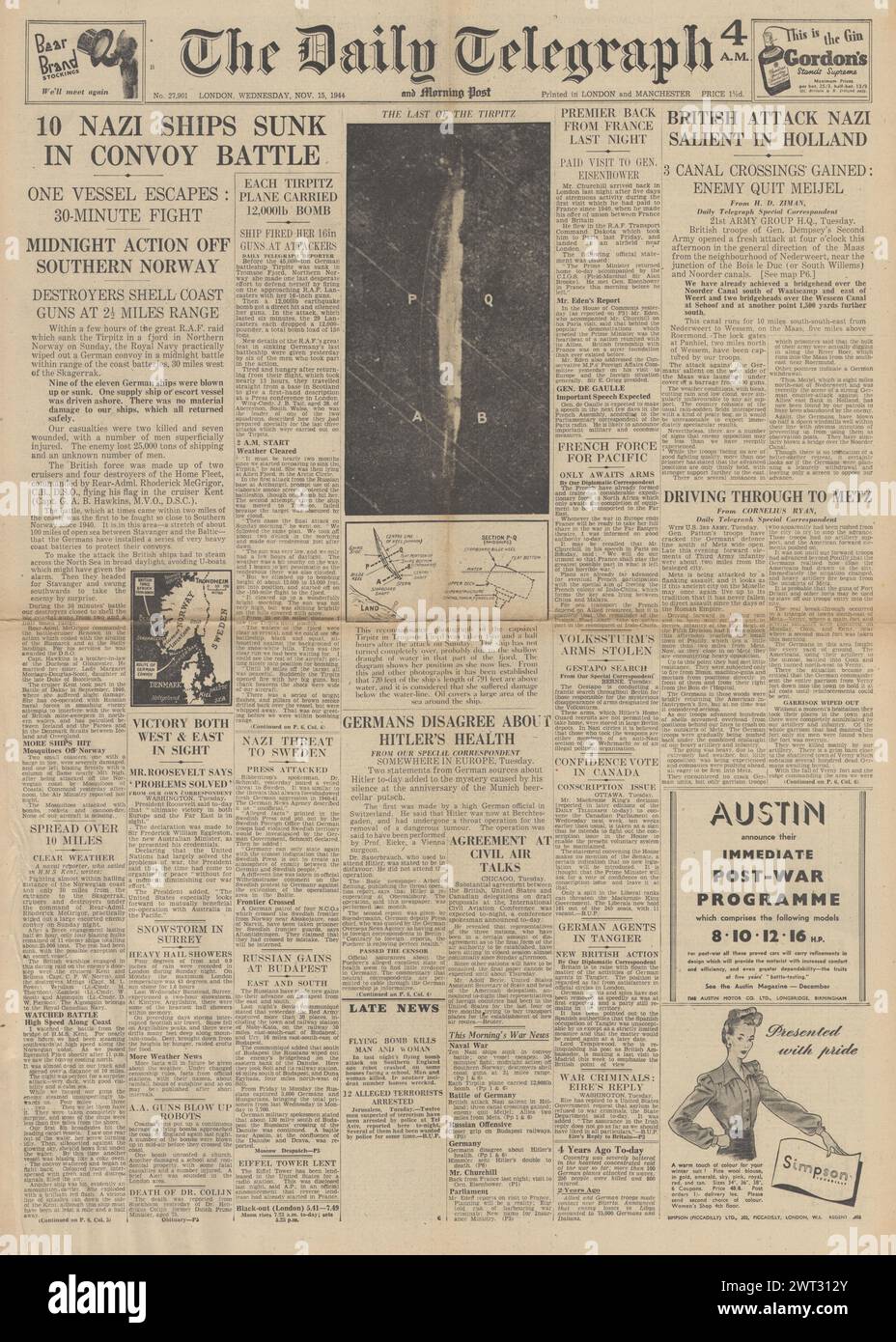 1944 The Daily Telegraph front page reporting Sinking of the Tirpitz ...