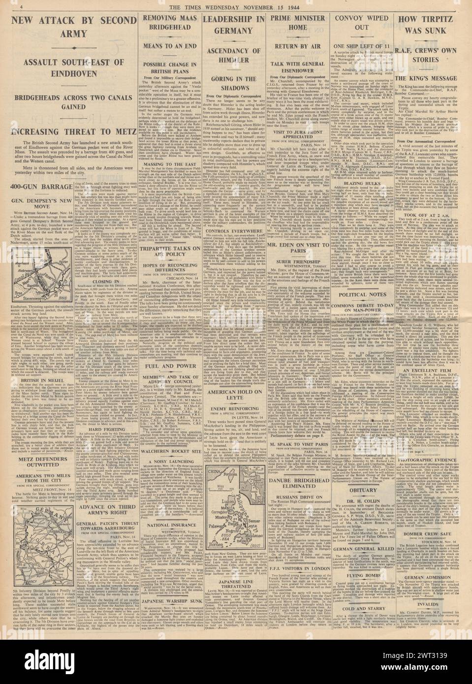 1944 The Times reporting Sinking of the Tirpitz, German convoy sunk off ...