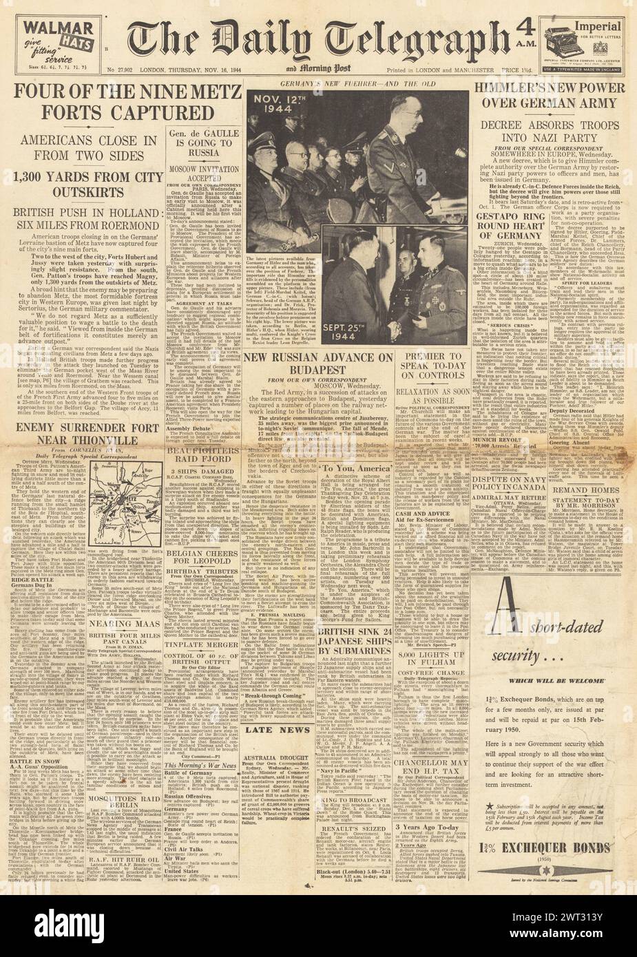 1944 The Daily Telegraph front page reporting Battle for Metz, Himmler ...