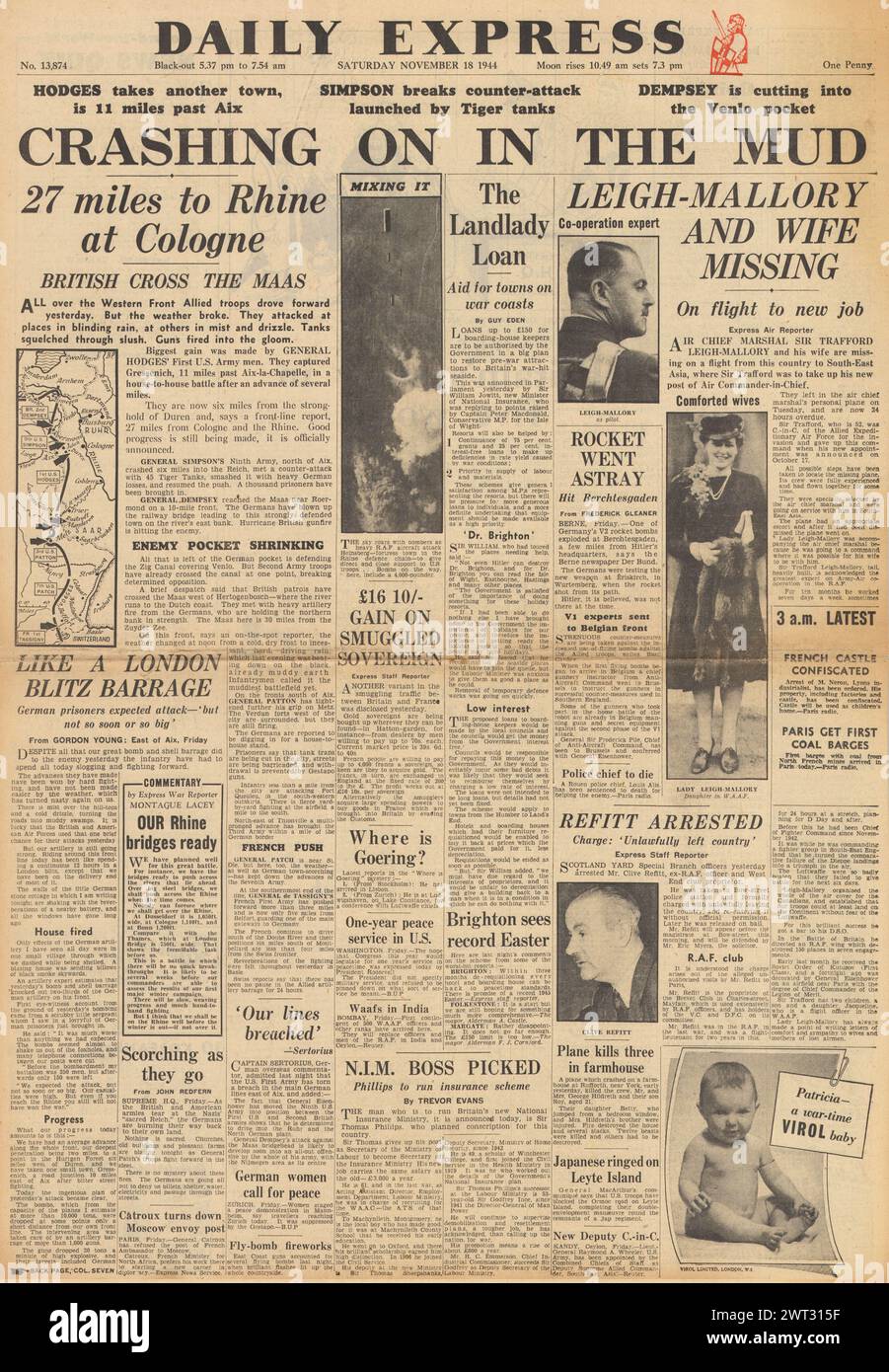 1944 Daily Express front page reporting Allied winter offensive and Air ...