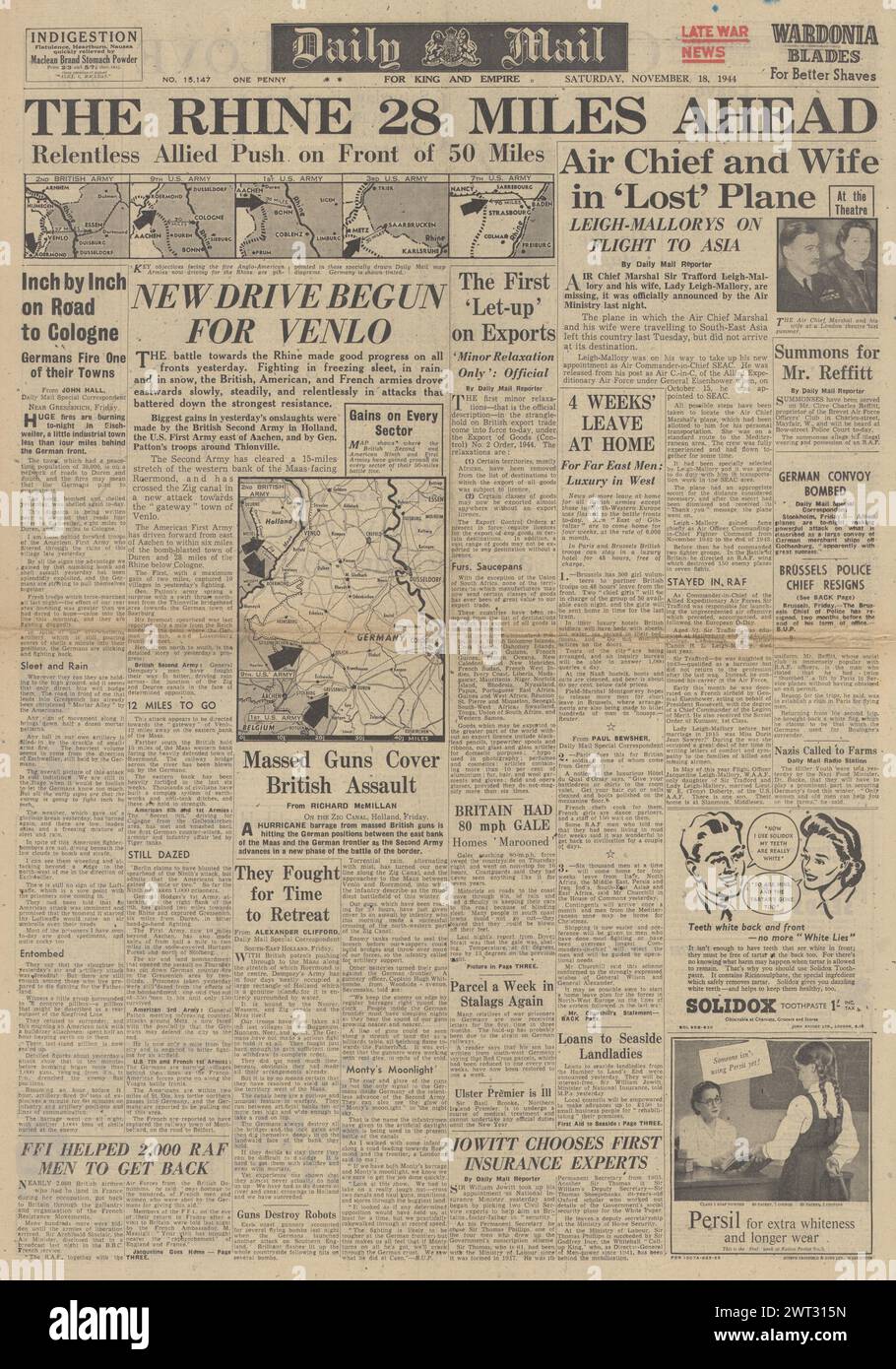 1944 Daily Mail front page reporting Allied winter offensive, British ...