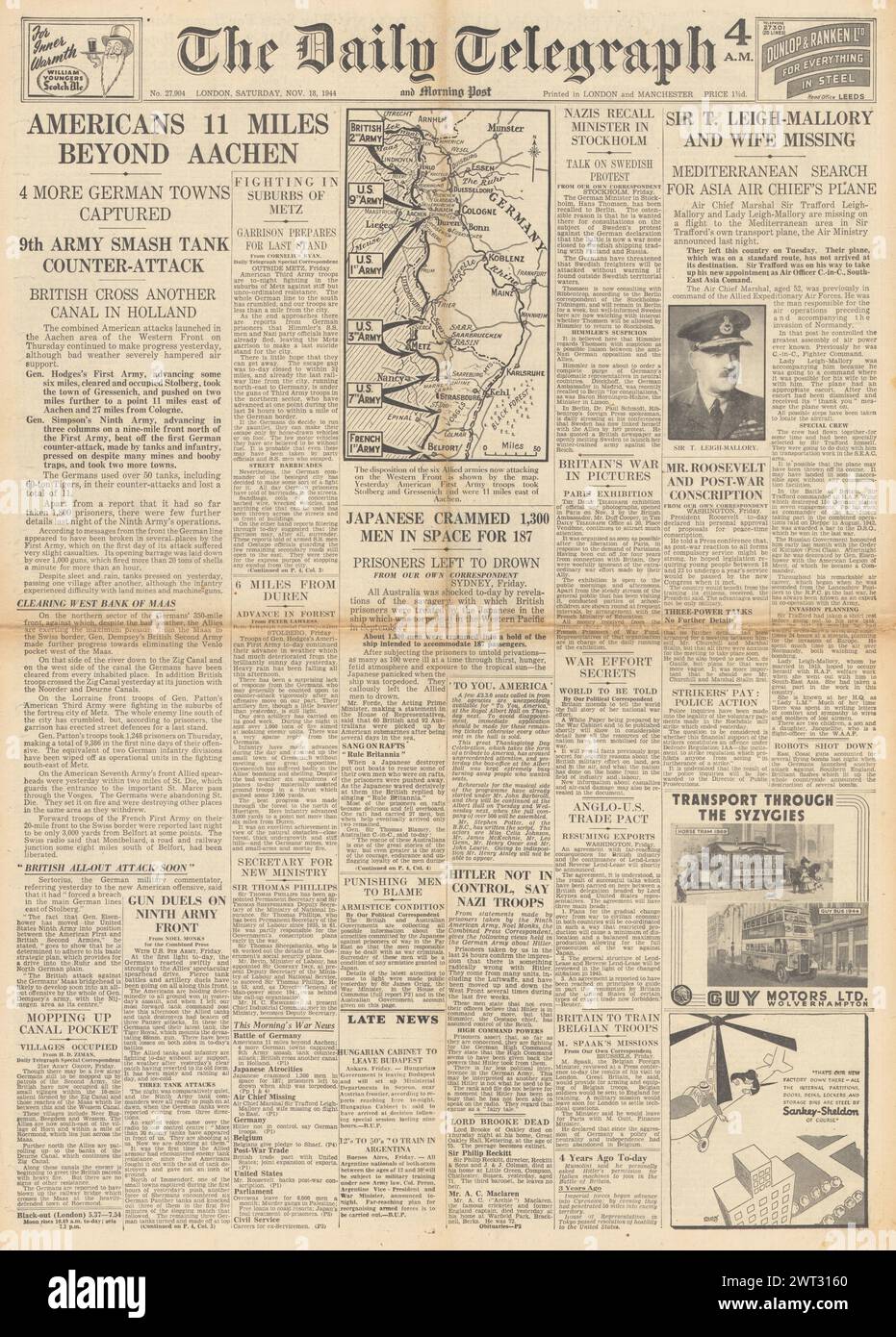 1944 The Daily Telegraph front page reporting US Forces beyond Aachen ...