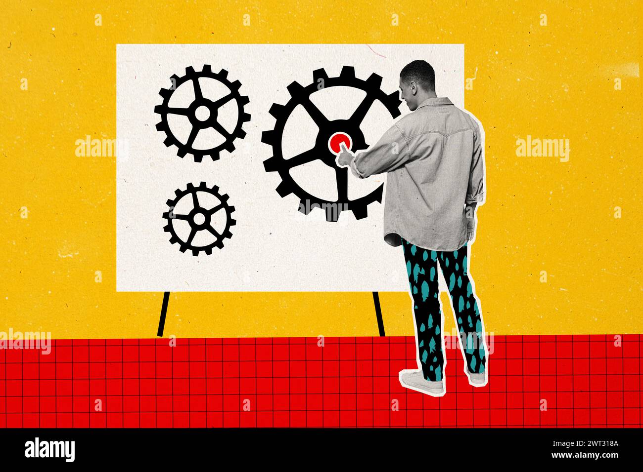 Composite photo collage of young american guy show finger point gesture ...