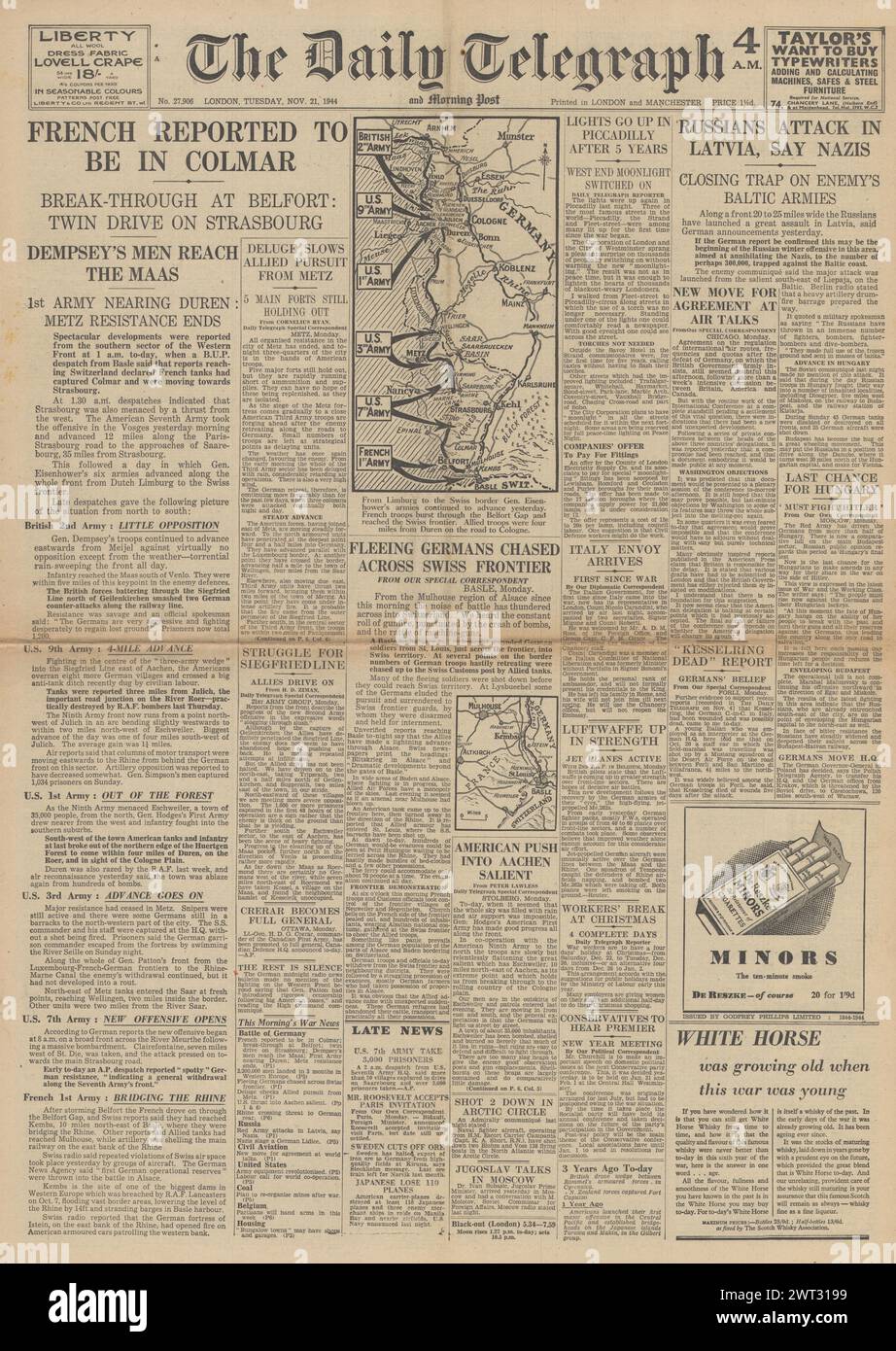 1944 The Daily Telegraph front page reporting French forces in Colmar ...