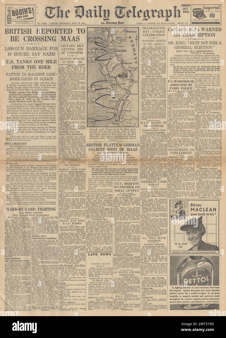 1944 The Daily Telegraph front page reporting British forces cross the ...