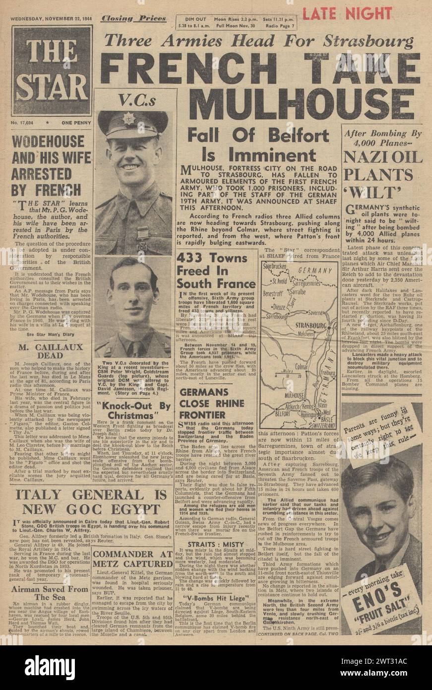 1944 The Star front page reporting French forces capture Mulhouse, RAF ...