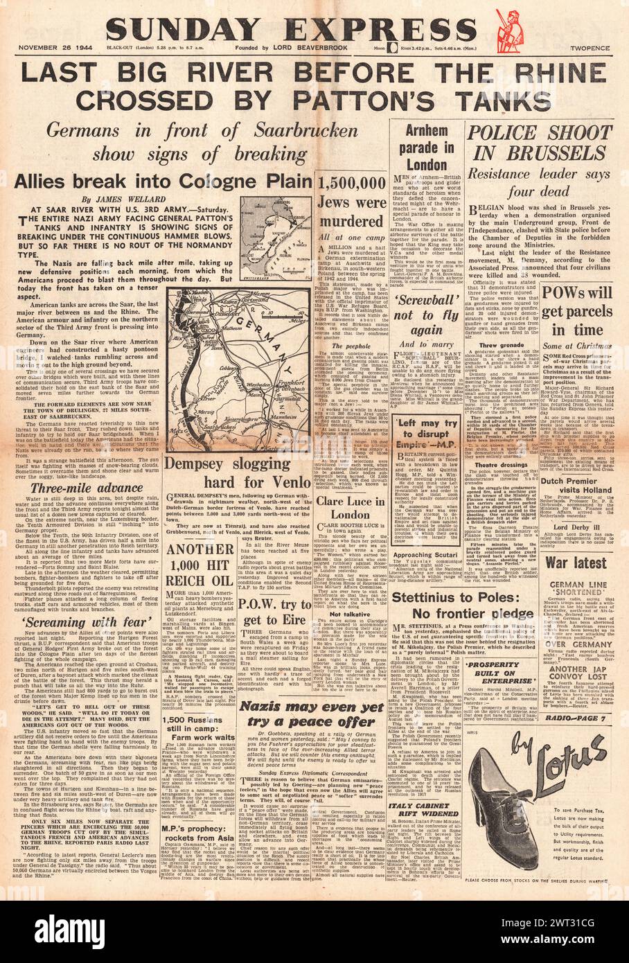 1944 Sunday Express front page reporting Allied drive for Cologne ...