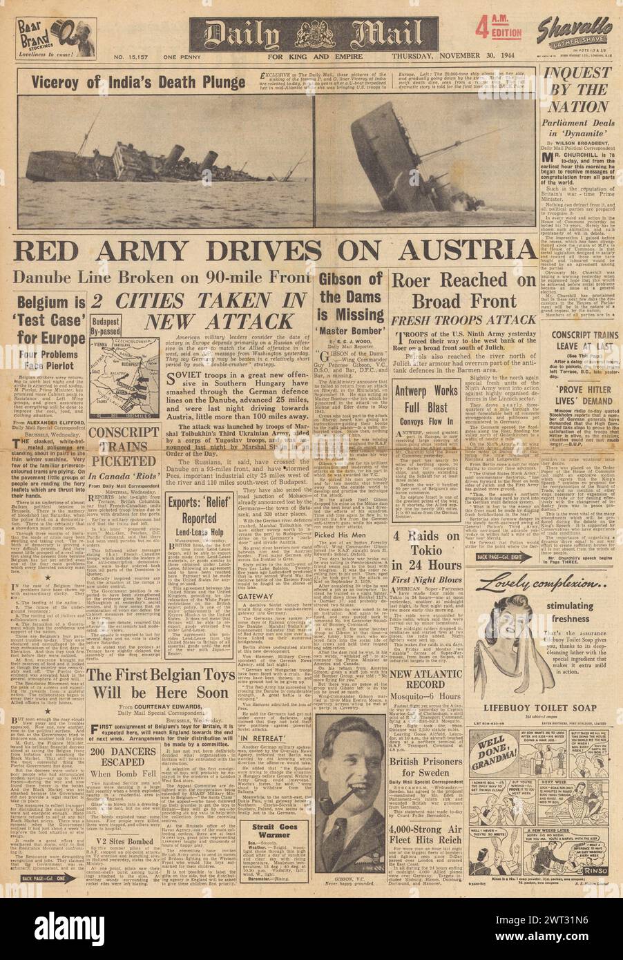 1944 Daily Mail front page reporting Red Army drive on Austria and ...