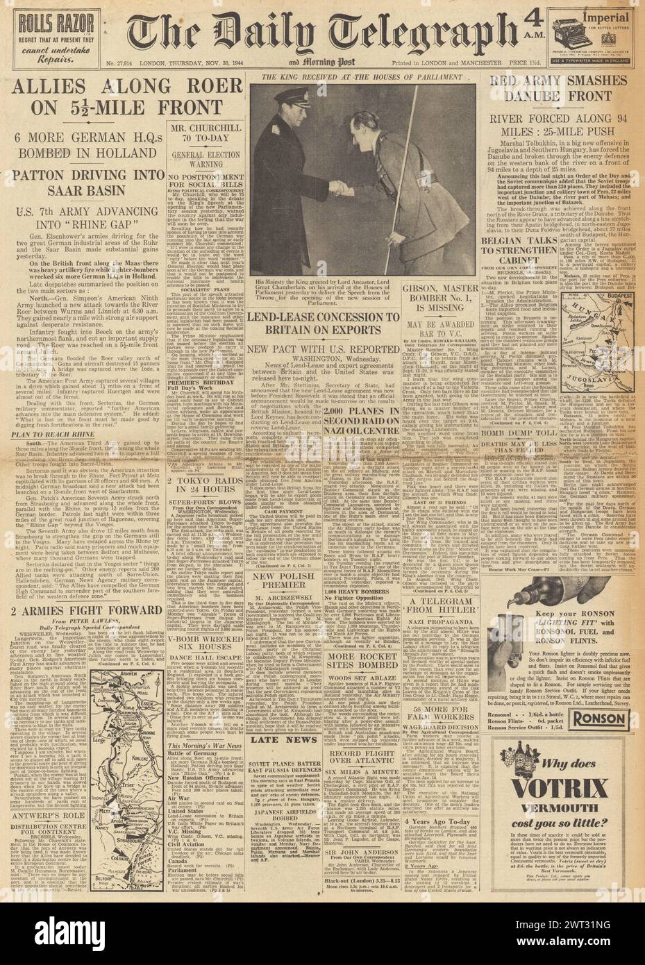 1944 The Daily Telegraph front page reporting Allies advance on Roer ...