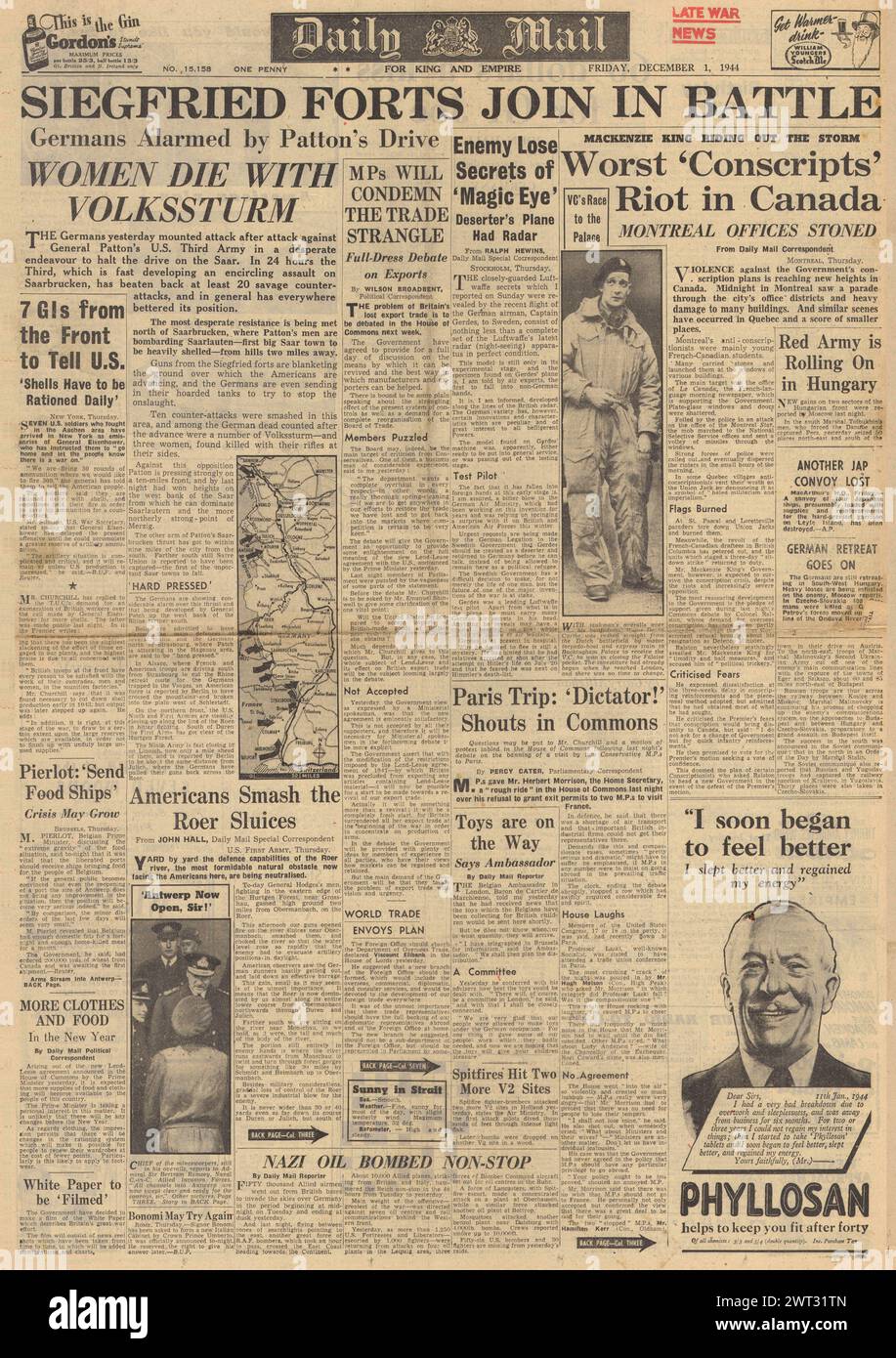 1944 Daily Mail front page reporting Conscript riots in Canada, German ...