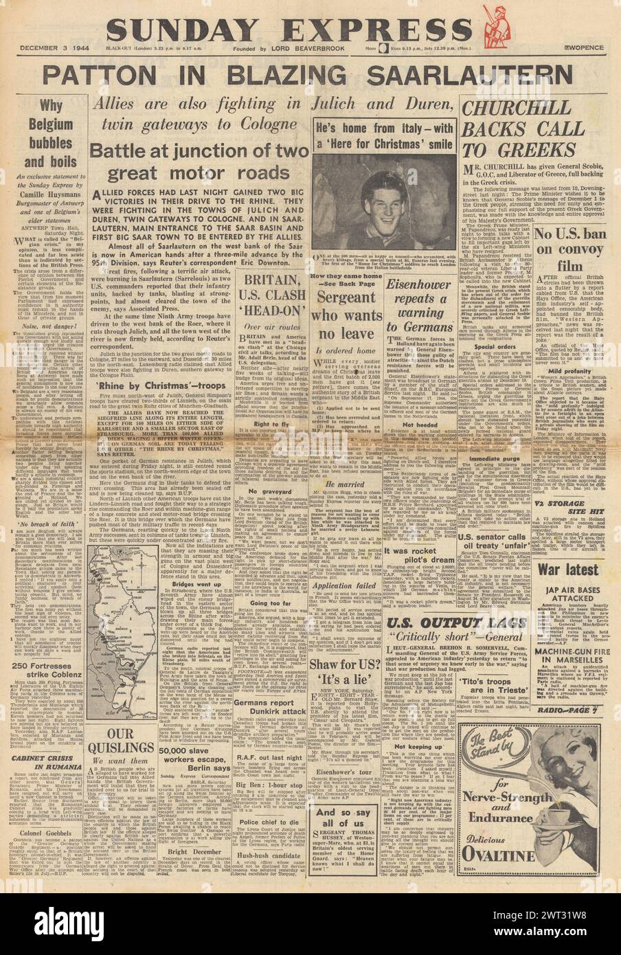 1944 Sunday Express front page reporting Battle for Saarlautern and ...