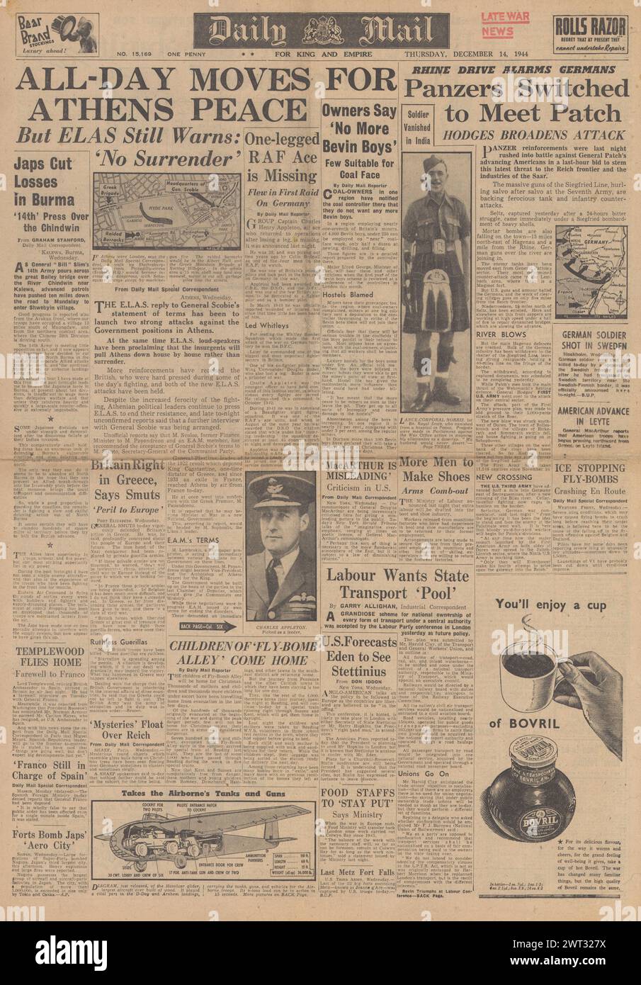 1944 Daily Mail front page reporting peace talks in Athens, battle for ...