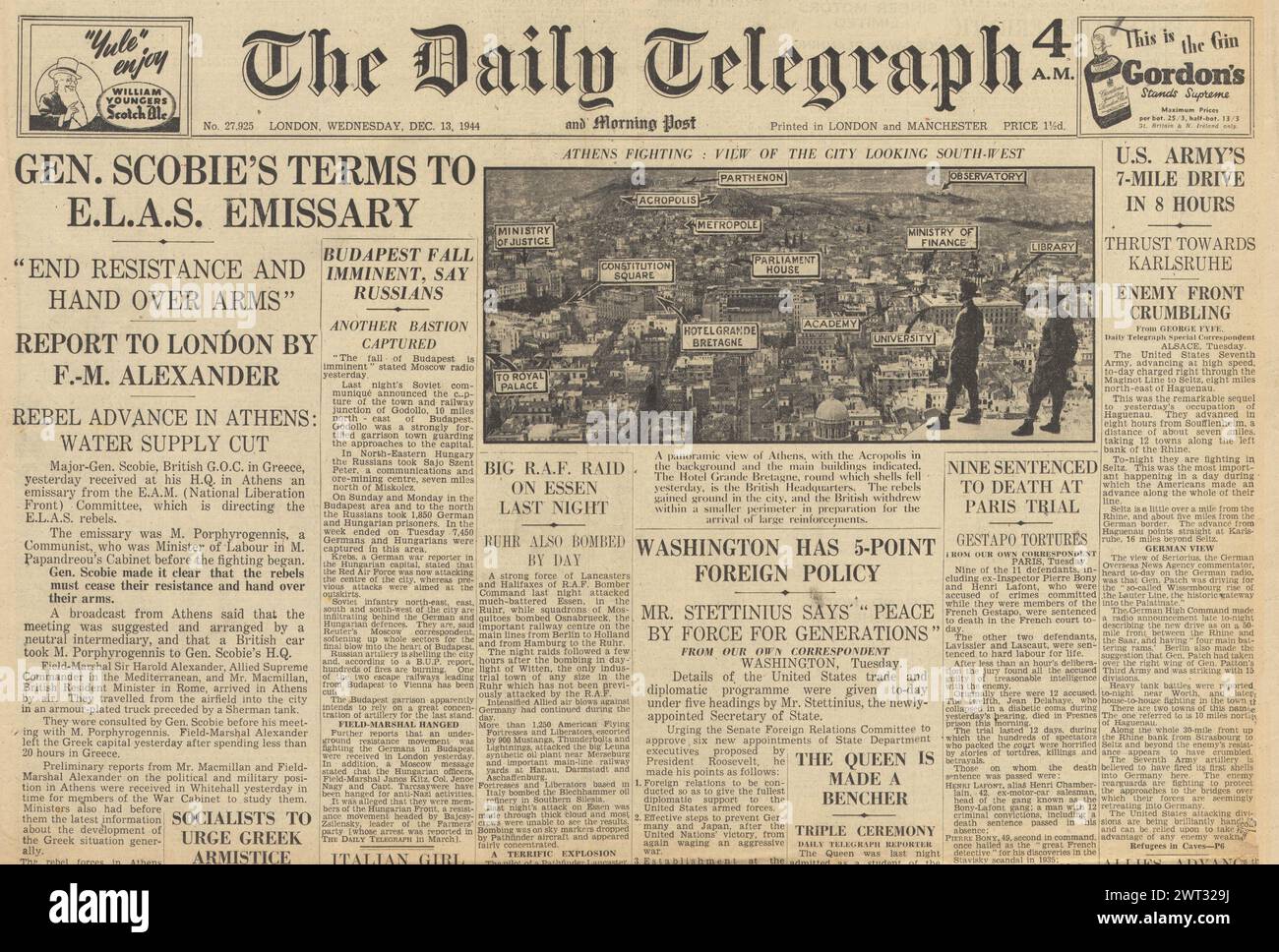 1944 The Daily Telegraph front page reporting unrest in Greece, battle ...