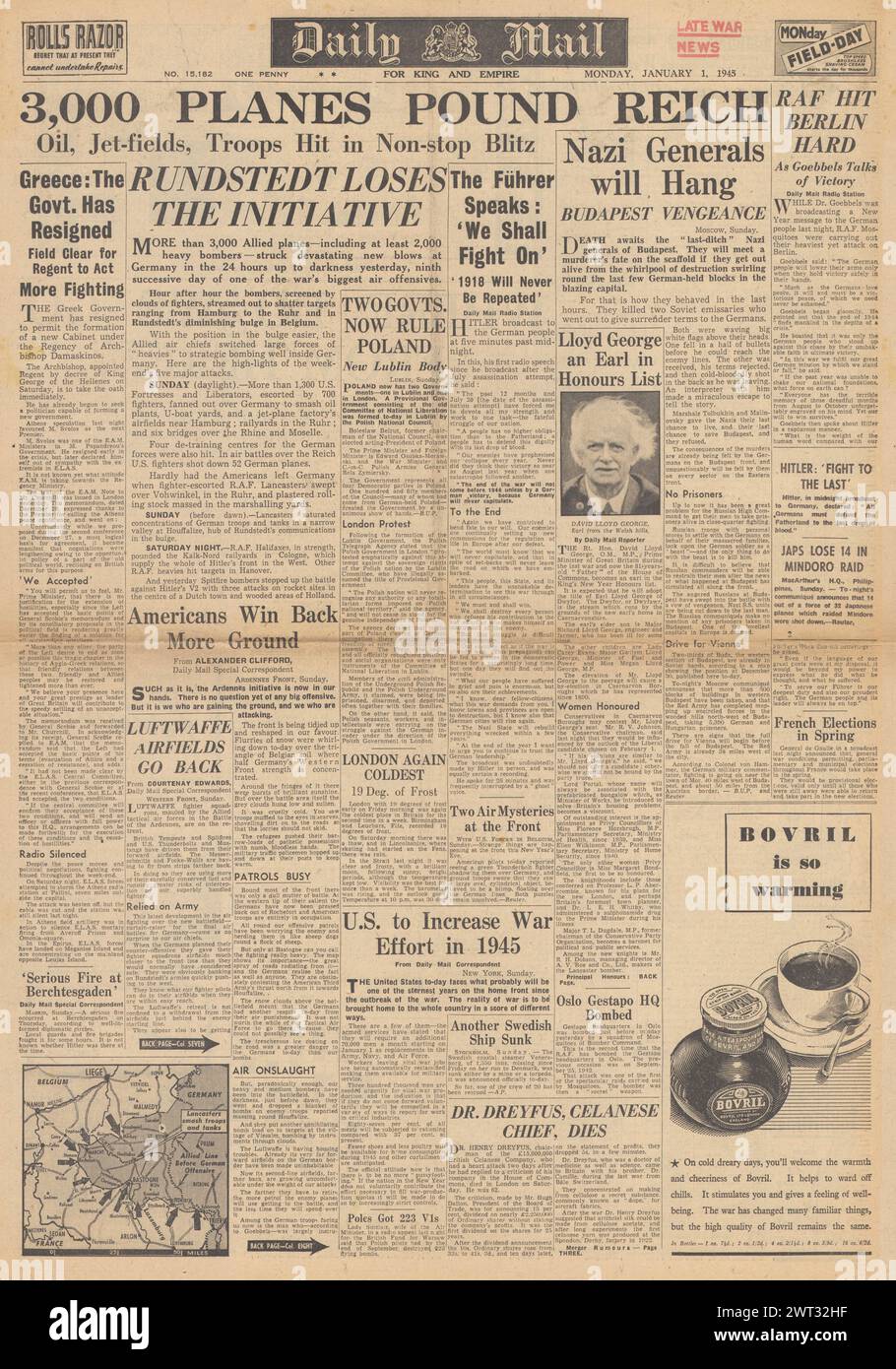 1945 Daily Mail front page reporting Heavy Allied bombing of Germany ...